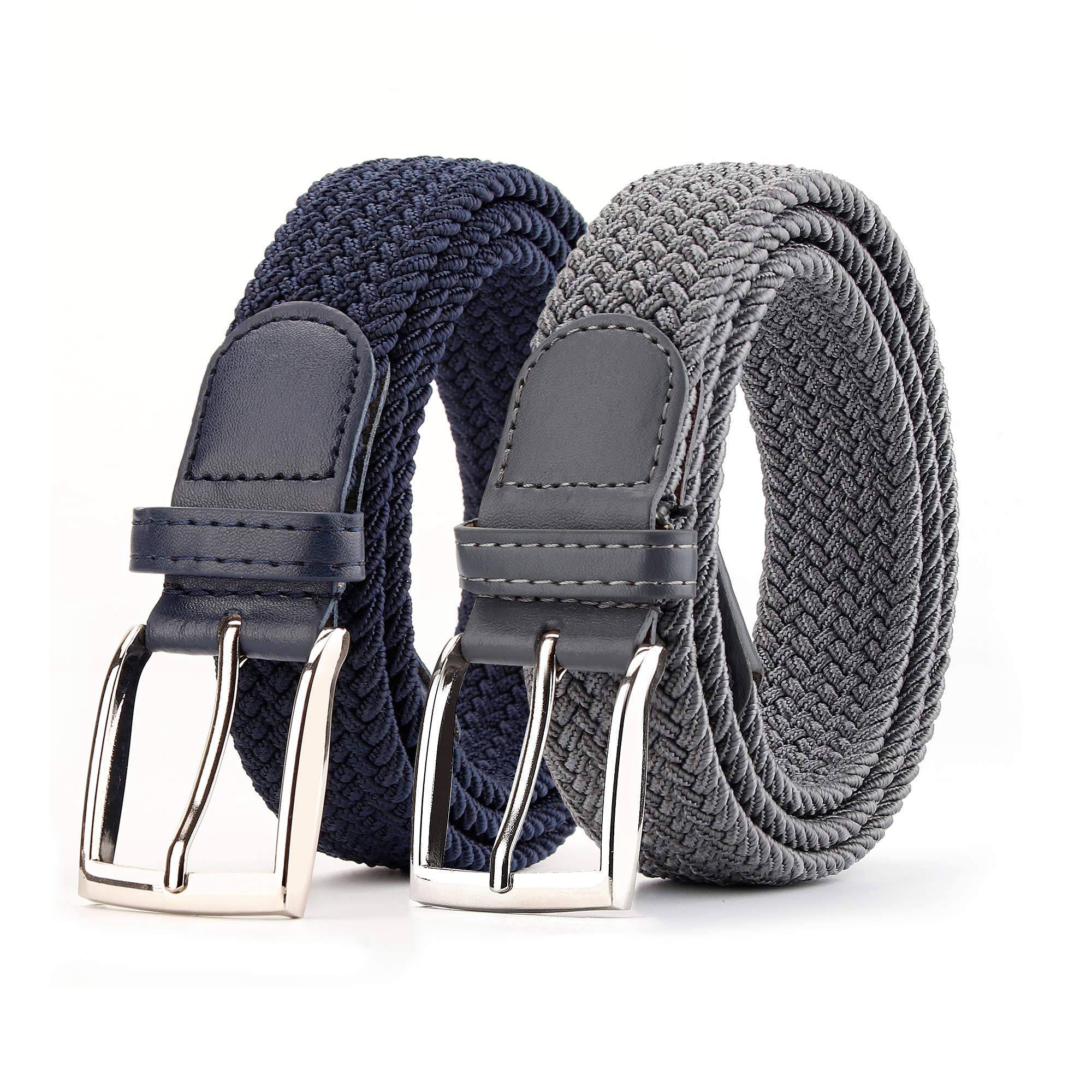 Radmire 2 Pack Elastic Braided Woven Canvas Belts for Men and Women (Blue+Grey, Medium/32-34" Waist)