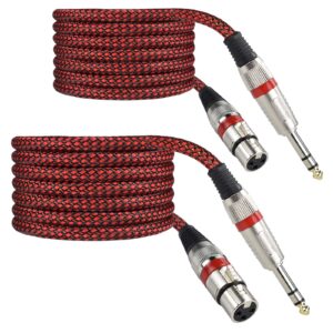 mugteeve 1/4" trs to xlr female cable adapter balanced, 6.6ft stereo quarter inch trs to xlr microphone cable, nylon braided, ofc shielded, red color, for mic/speaker/mixer - 2pack