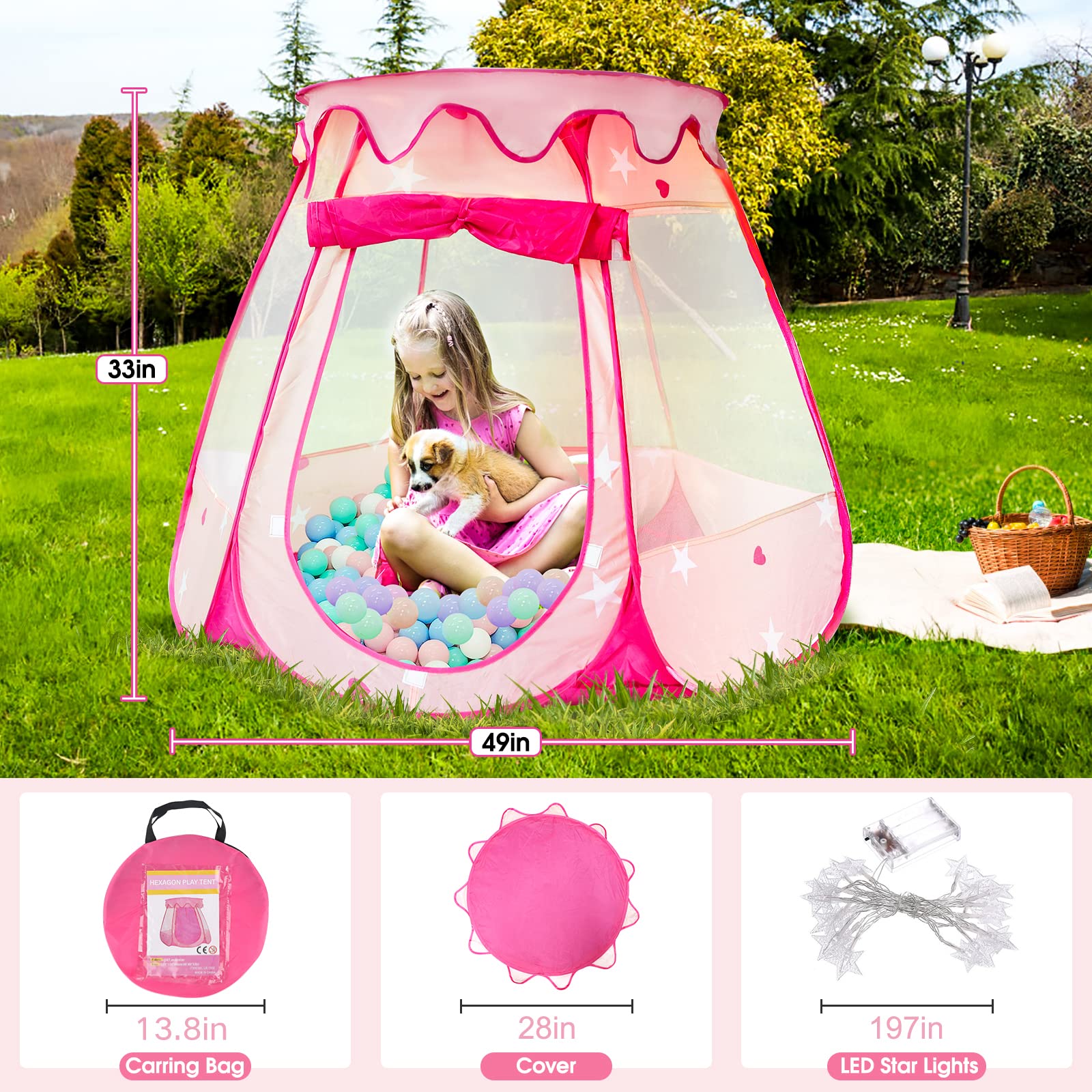 Princess Tent for Kids, Ball Pits for Toddlers 1-3 with Star Light, Girl Toys, 1/2/3 Year Old Girl Gifts, Toys for Girls with Carrying Bag, Indoor & Outdoor Play Tent, 49'' X 33'' (DxH)