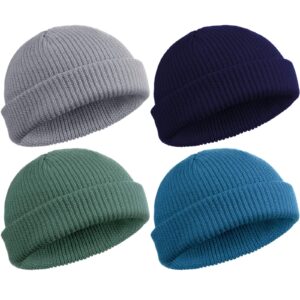 satinior 4 pieces trawler beanie watch hat roll up edge skullcap fisherman beanie unisex (lake blue, green grey, navy blue, grey), 17 x 20 cm/ 6.69 x 7.87 inches