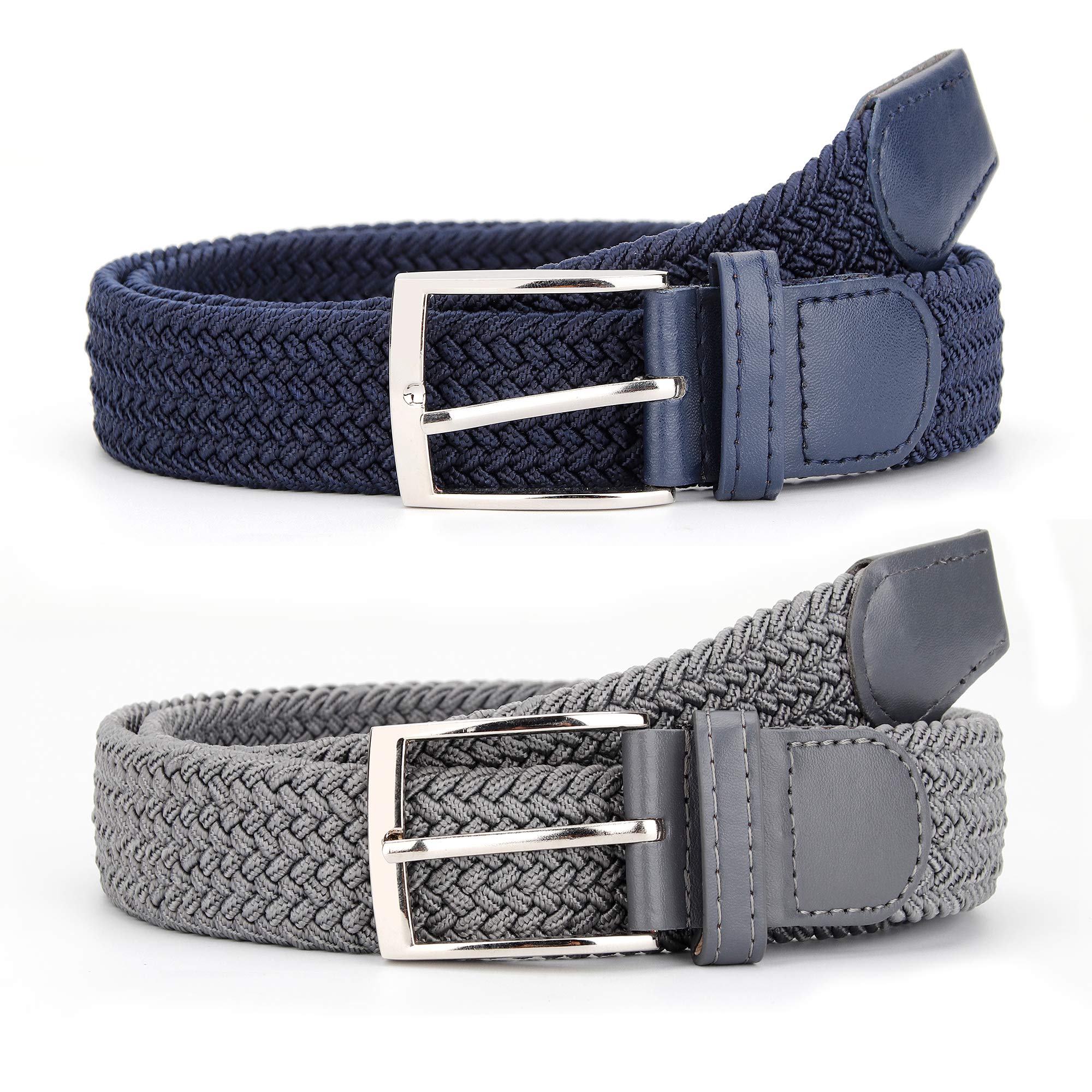 Radmire 2 Pack Elastic Braided Woven Canvas Belts for Men and Women (Blue+Grey, Medium/32-34" Waist)