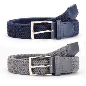 Radmire 2 Pack Elastic Braided Woven Canvas Belts for Men and Women (Blue+Grey, Small/28-30" Waist)