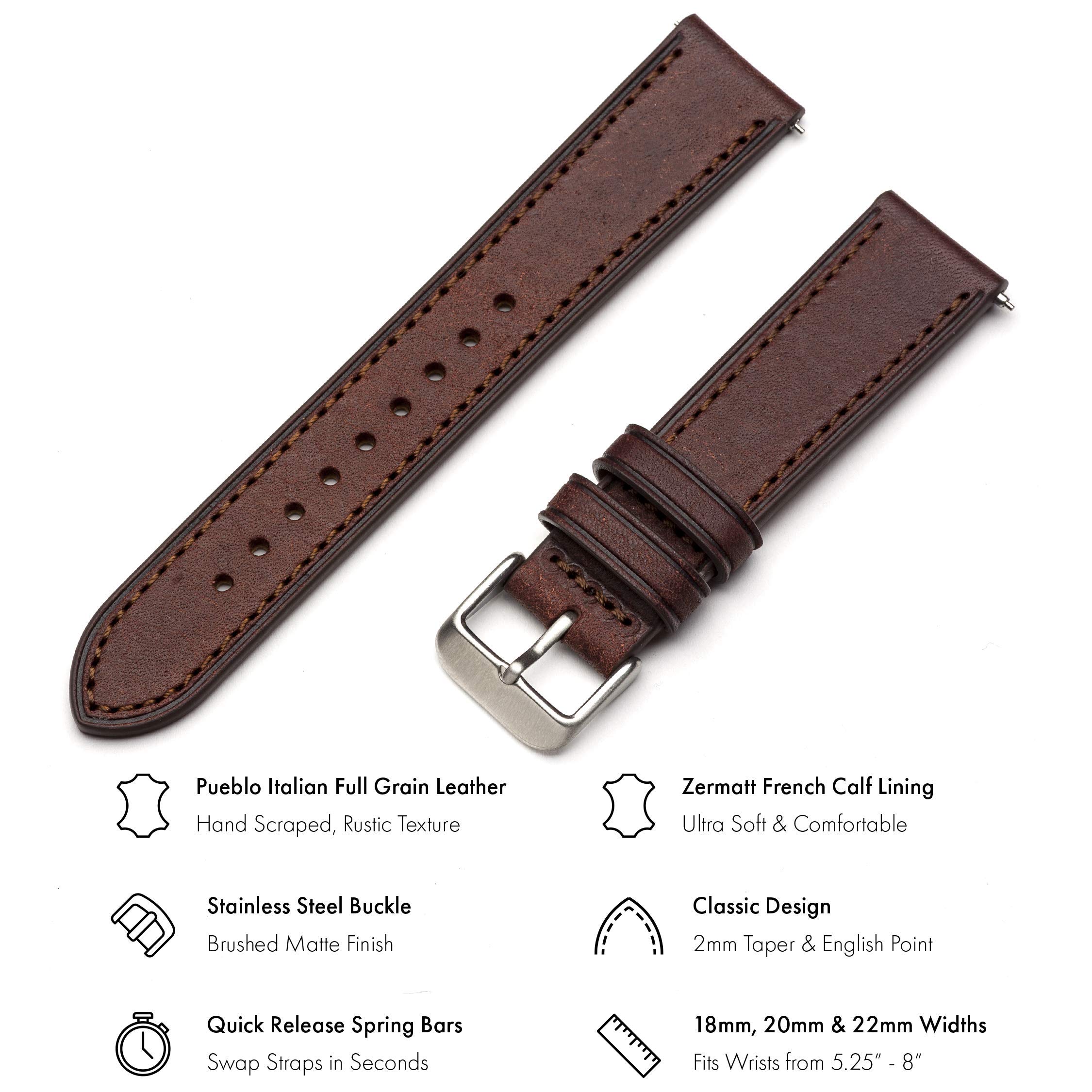 Benchmark Quick Release Leather Watch Band - Premium Italian Full Grain Leather Watch Straps for Men & Women (20mm, Dark Brown)