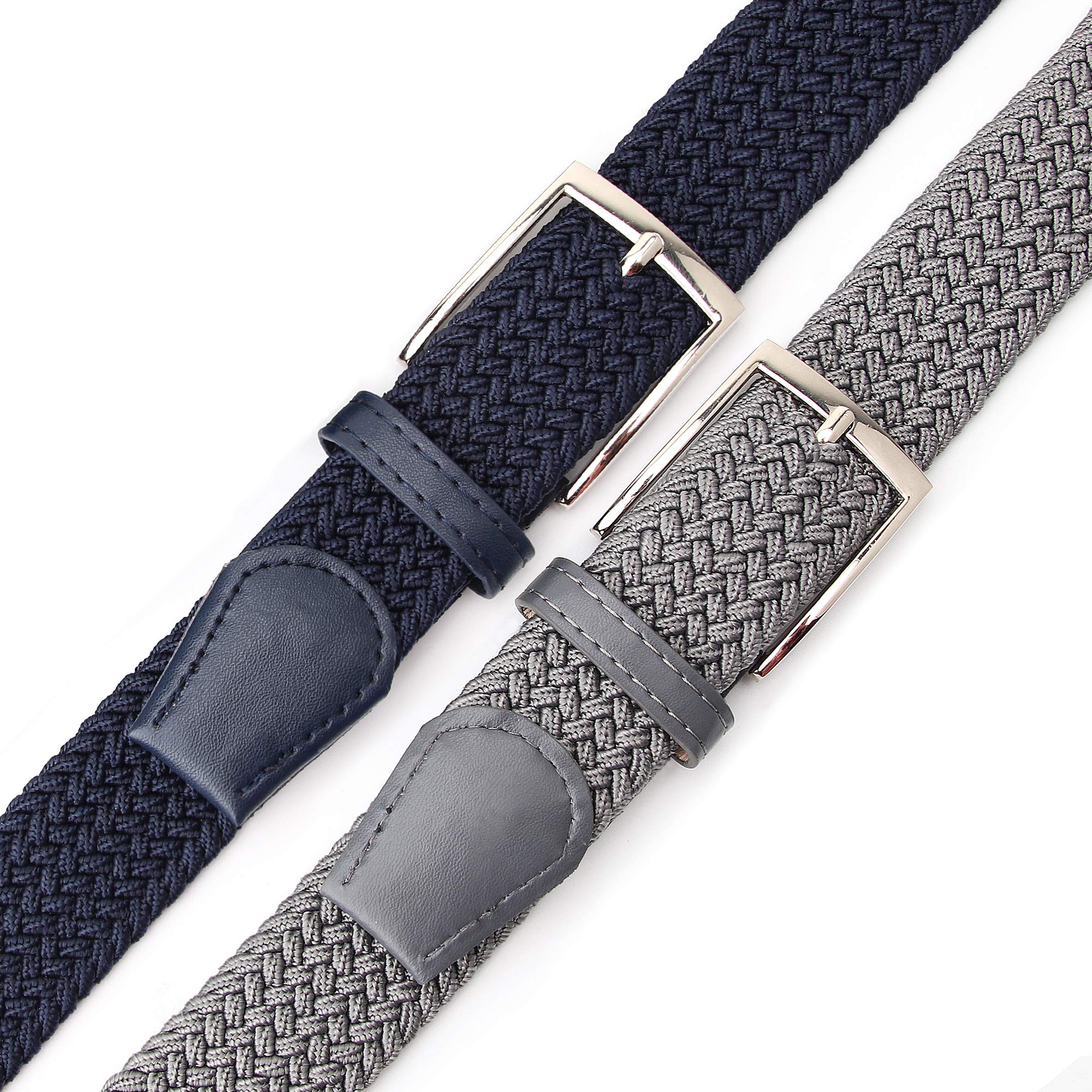 Radmire 2 Pack Elastic Braided Woven Canvas Belts for Men and Women (Blue+Grey, Medium/32-34" Waist)