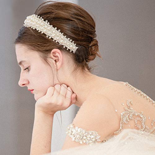 MHDGG Faux Pearl Headbands for Women White Bling Rhinestones Hairbands Bridal Hair Hoop Wedding Accessories for Girls