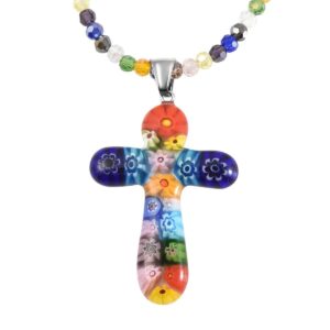 shop lc delivering joy stainless steel glass murano style multi color beaded cross choker pendant necklace delicate jewelry size 20" gifts for women catholic faith christian religious birthday gifts