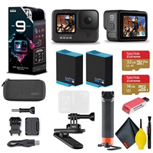 gopro hero9 action camera - special bundle + floating hand grip + magnetic swivel clip + sandisk 32gb & 16gb sd cards + 2 batteries + case and more. 5k hd video, 20mp photos, 1080p live streaming