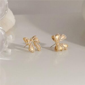 Kokoma 14K Gold Plated Bow Knot Stud Earrings Sterling Silver Pins Dainty Pearl Bead Ribbon Bow Earrings Small Wedding Earring Xmas Studs Christmas Ear Jewelry for Women