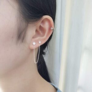 4 Prong CZ Round Stud With Chain Cuff S925 Sterling Silver Earrings for Women Cartilage Double Piercing Holes Fashion Chic Minimalist Climber Crawler Threader Tiny Small Studs Hypoallergenic Gifts (silver)