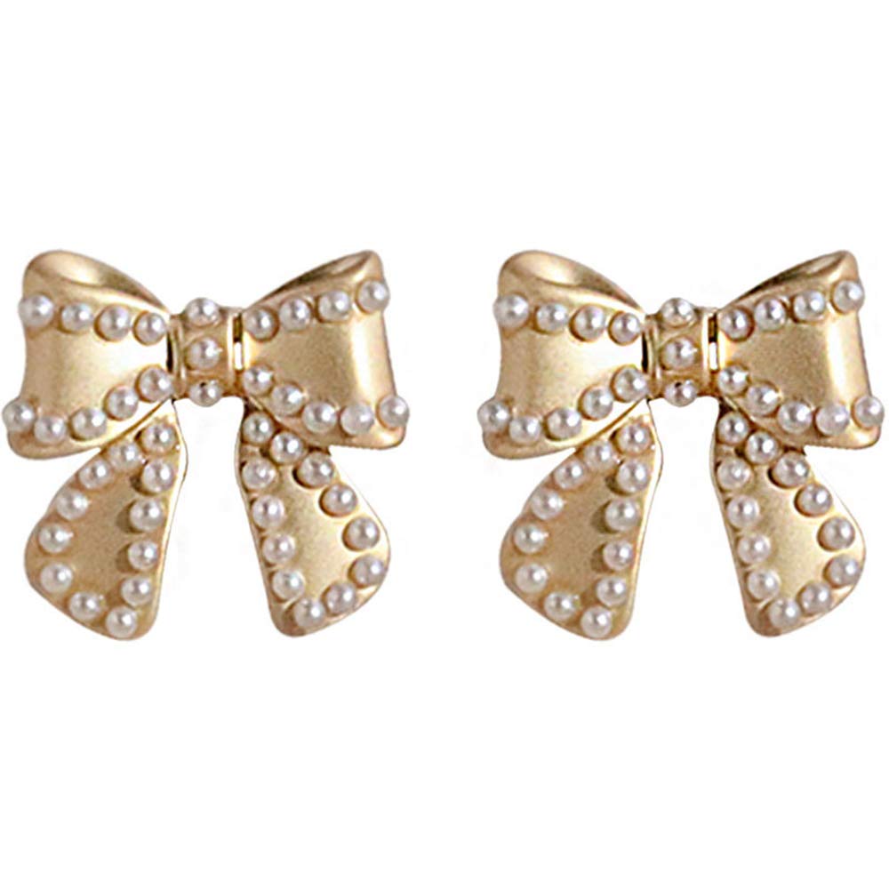 Kokoma 14K Gold Plated Bow Knot Stud Earrings Sterling Silver Pins Dainty Pearl Bead Ribbon Bow Earrings Small Wedding Earring Xmas Studs Christmas Ear Jewelry for Women