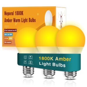 neporal amber light bulbs 9w, soft warm sleep light bulbs 60w equivalent, blue light blocking amber night light bulbs 1800k, bedtime light bulb for healthy sleep.