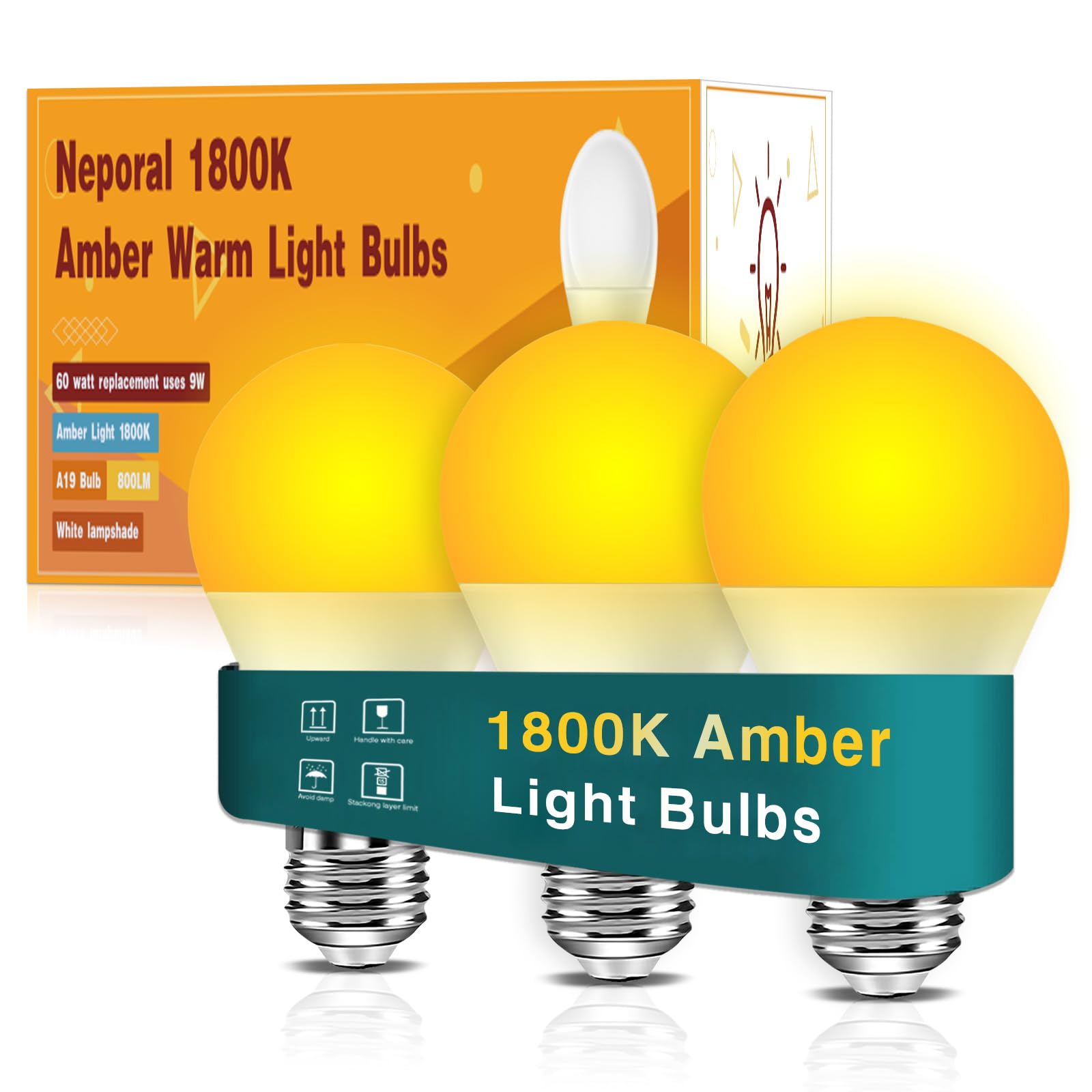 Neporal Amber Light Bulbs 9W, Soft Warm Sleep Light Bulbs 60W Equivalent, Blue Light Blocking Amber Night Light Bulbs 1800K, Bedtime Light Bulb for Healthy Sleep.