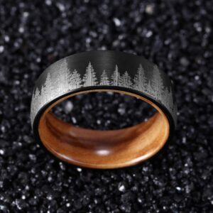 POYA TUNGSTEN Forest Rings for Men 8 mm Black Plated Wedding Band with Wood Liner Comfort Fit (8)