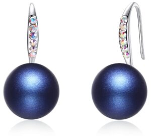 esottia drop earrings made with crystal pearls from swarovski, gifts for women, iridescent dark blue, silver-tone