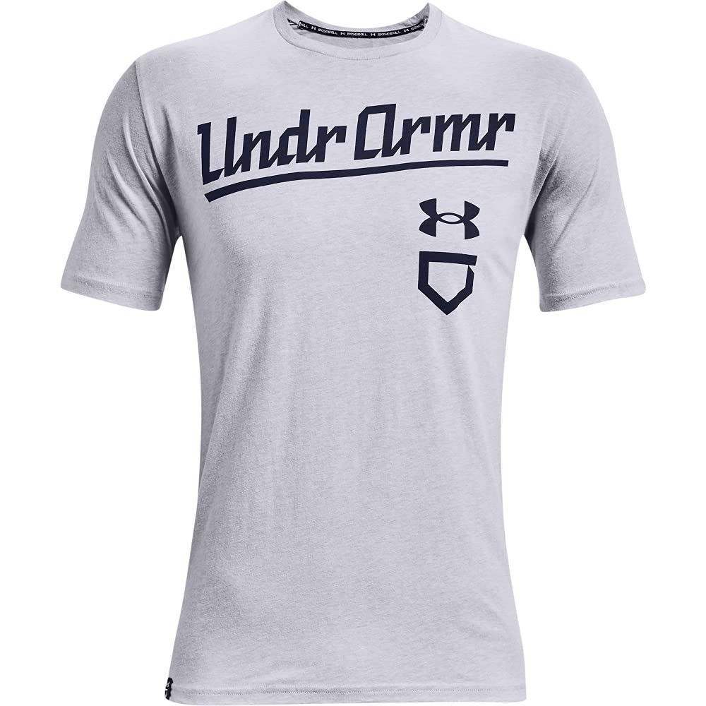 Under Armour Men's Baseball Script T-Shirt, Mod Gray Light Heather (012)/Academy Blue, Large