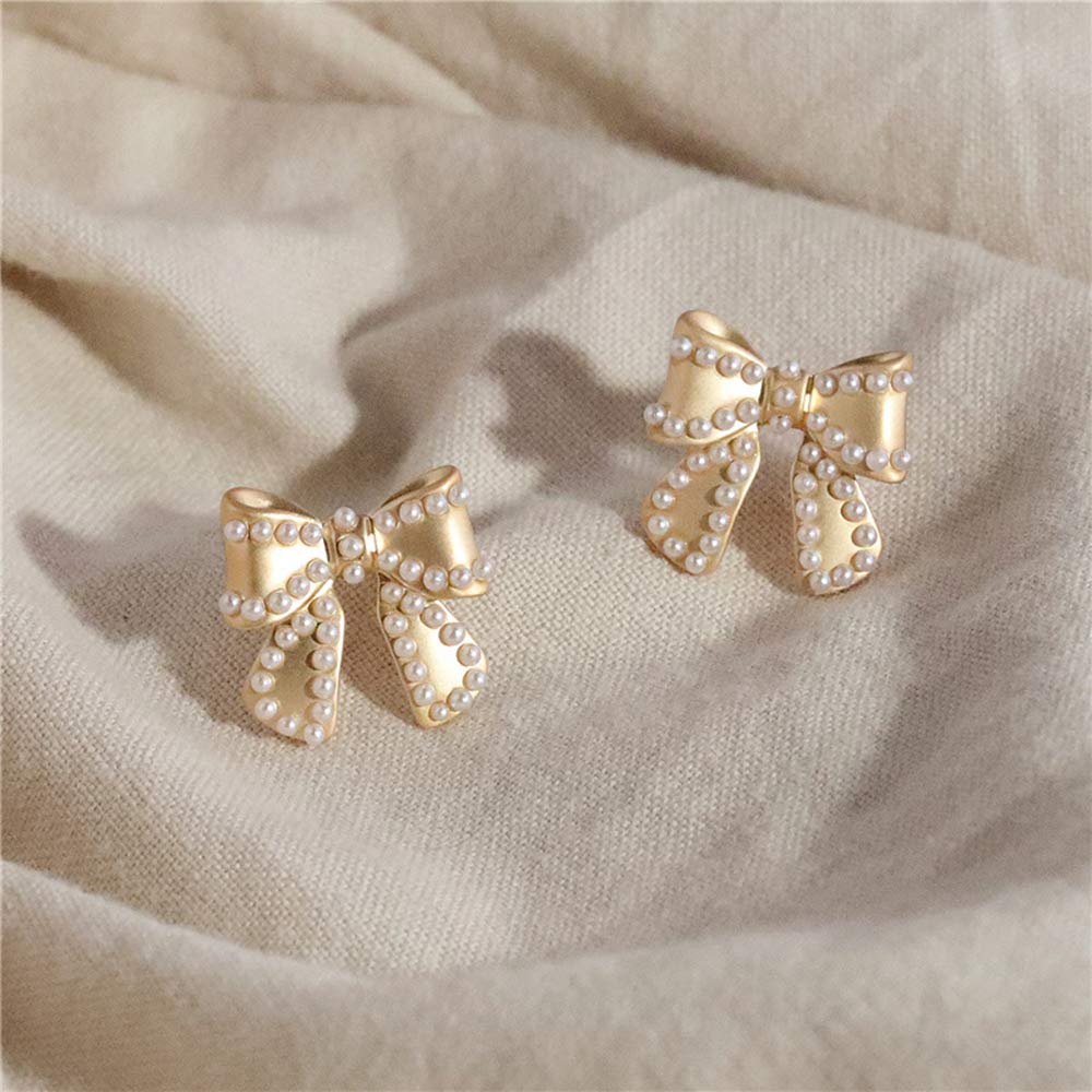 Kokoma 14K Gold Plated Bow Knot Stud Earrings Sterling Silver Pins Dainty Pearl Bead Ribbon Bow Earrings Small Wedding Earring Xmas Studs Christmas Ear Jewelry for Women