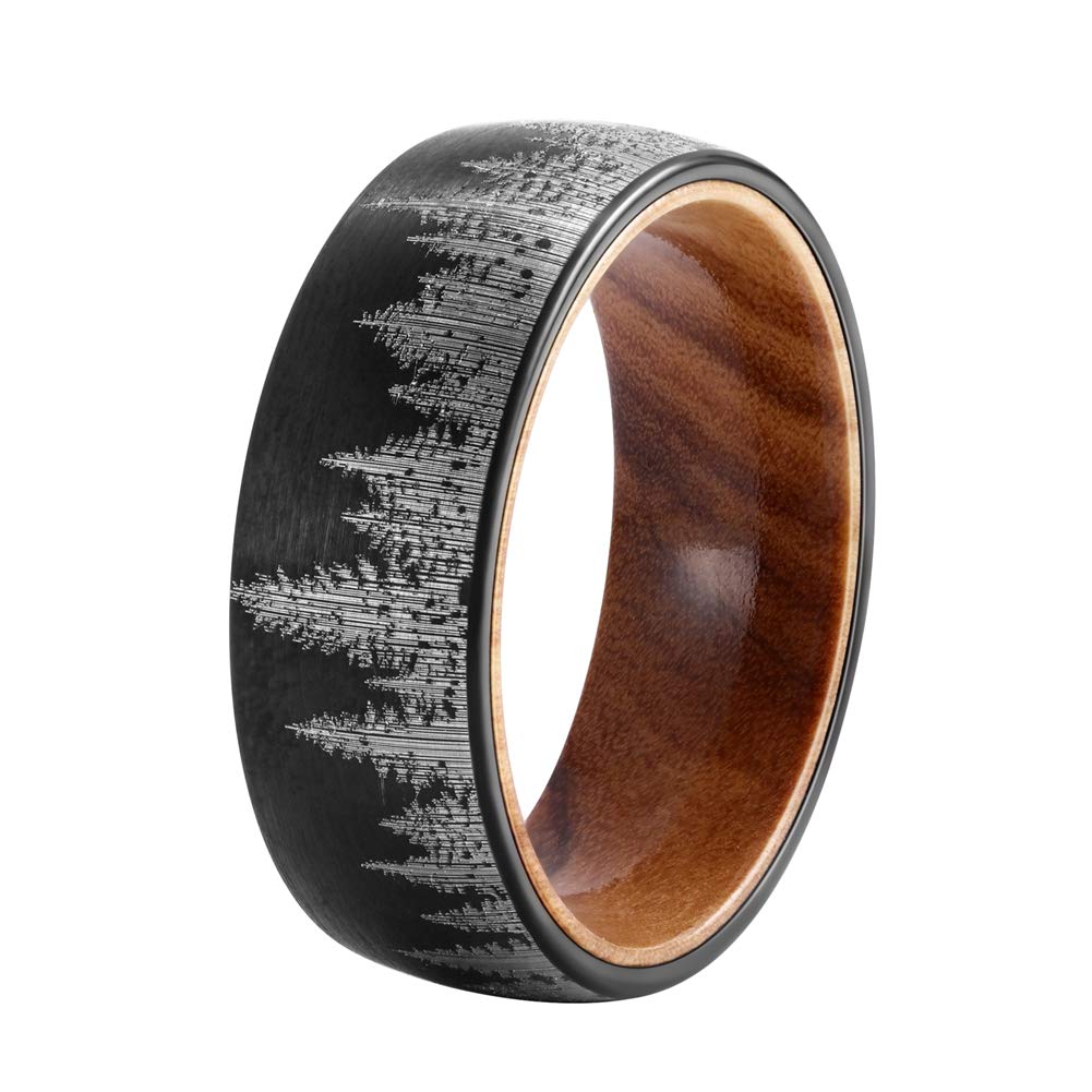 POYA TUNGSTEN Forest Rings for Men 8 mm Black Plated Wedding Band with Wood Liner Comfort Fit (8)