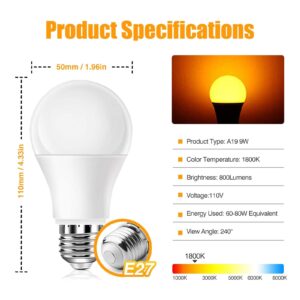 Neporal Amber Light Bulbs 9W, Soft Warm Sleep Light Bulbs 60W Equivalent, Blue Light Blocking Amber Night Light Bulbs 1800K, Bedtime Light Bulb for Healthy Sleep.