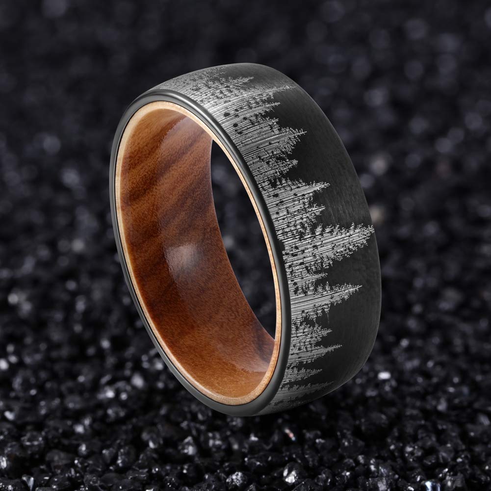 POYA TUNGSTEN Forest Rings for Men 8 mm Black Plated Wedding Band with Wood Liner Comfort Fit (8)