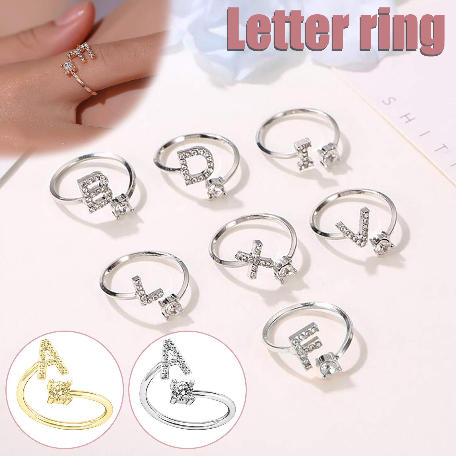 Adjustable Crystal Inlaid Initial Rings Alphabet Letter Ring Knuckle Rings Fashion Jewelry Gifts for Womens