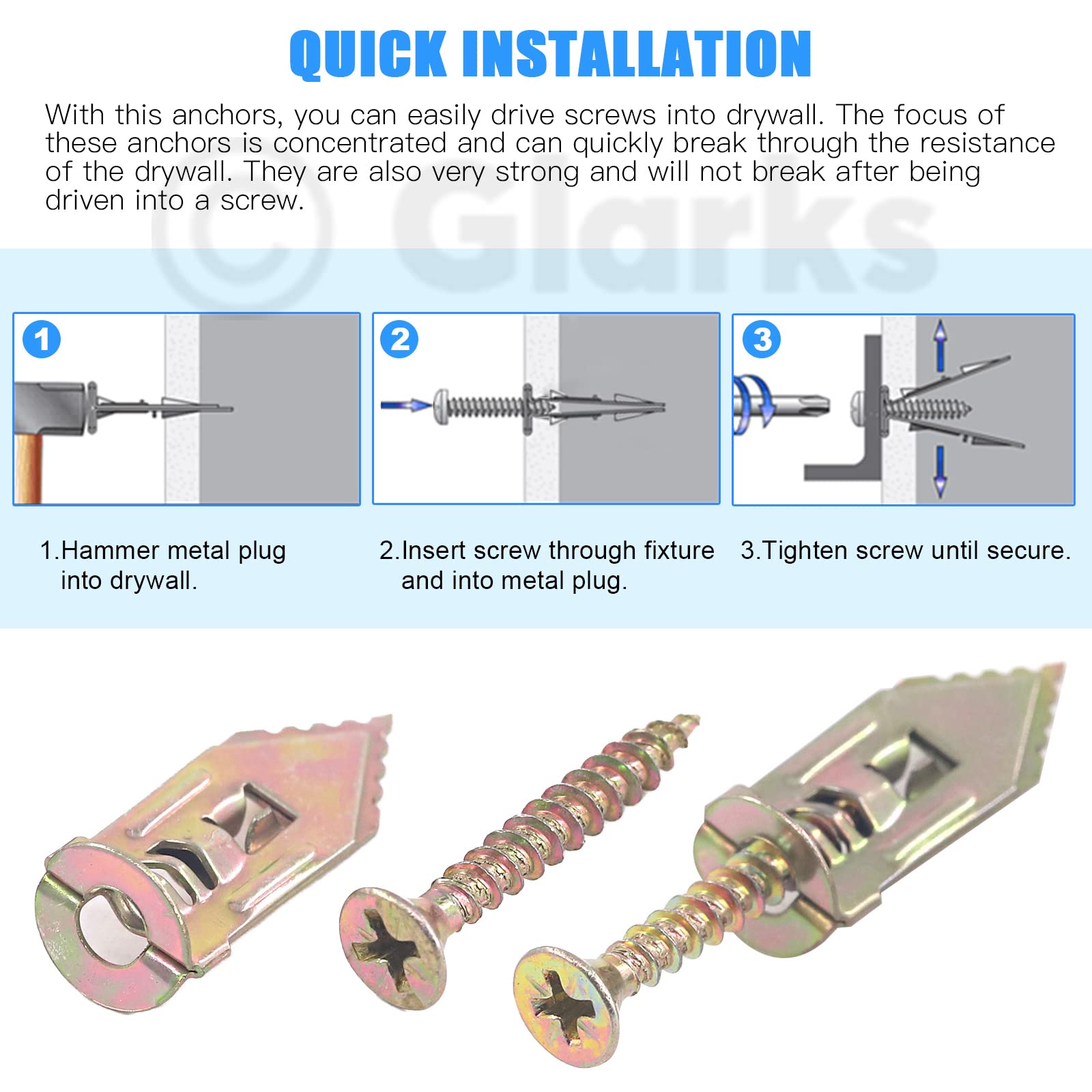 Glarks 200Pcs Drywall Self-Drilling Anchors with Screws, 100Pcs Carbon Steel Hollow Wall Anchor Tapping Screw with 100Pcs Screws Kit, No Drill or Holes in Wall