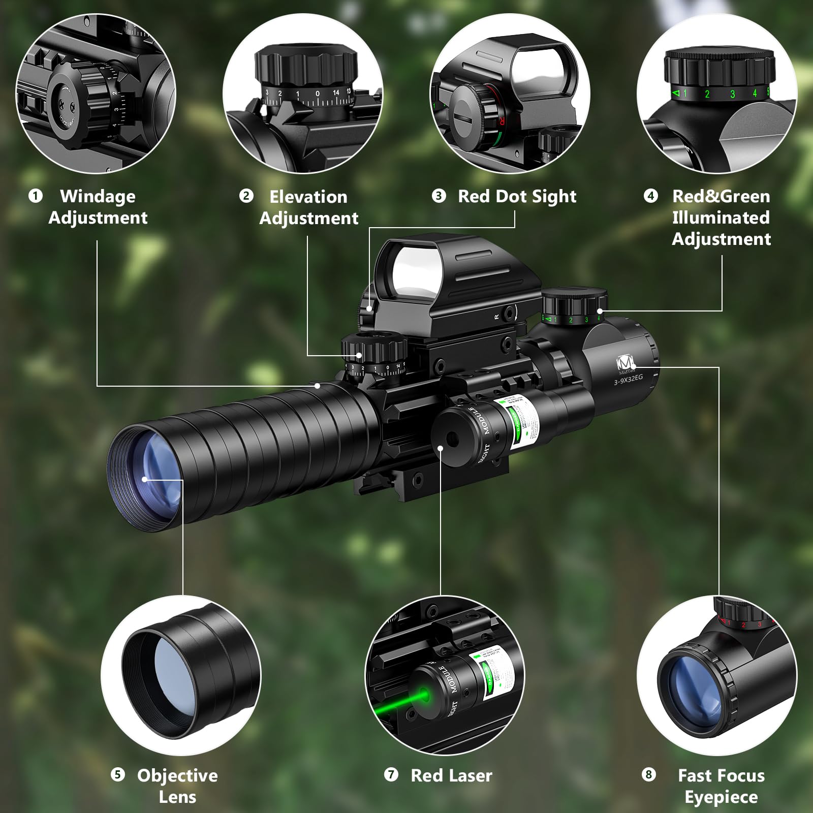 MidTen 3-9x32 4-in-1 Scope Combo with Dual Illuminated Scope Optics & 4 Holographic Reticle Red/Green Dot Sight & IIIA/2MW Laser Sight Rangefinder Illuminated Reflex Sight & 20mm Mount