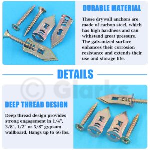 Glarks 200Pcs Drywall Self-Drilling Anchors with Screws, 100Pcs Carbon Steel Hollow Wall Anchor Tapping Screw with 100Pcs Screws Kit, No Drill or Holes in Wall