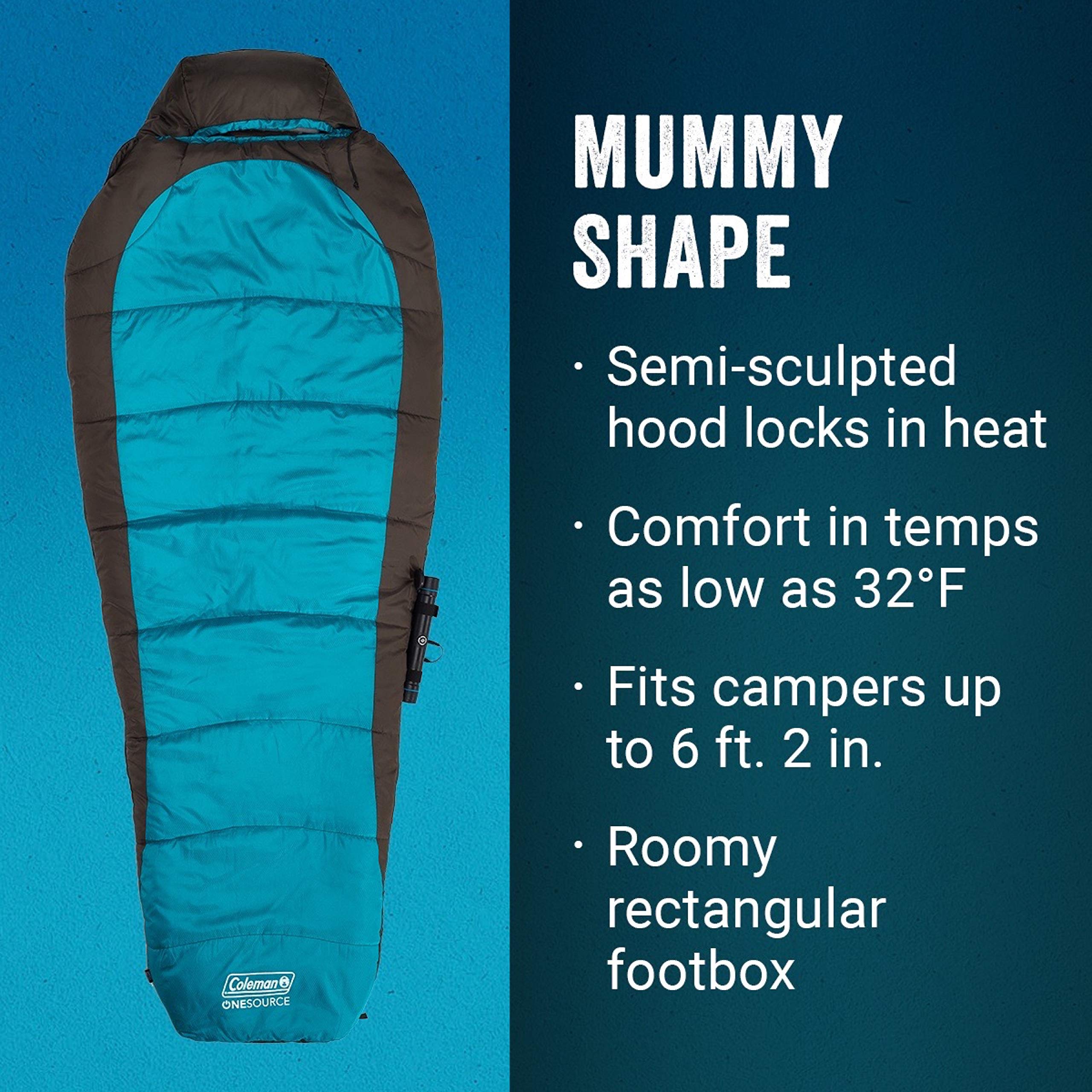 Coleman OneSource Heated Mummy Sleeping Bag and Rechargeable Battery, 4 Adjustable Heat Settings Lasts Up to 4 Hours, Sleeping Bag for Adults with Dual-Port Charging Dock and Included Battery