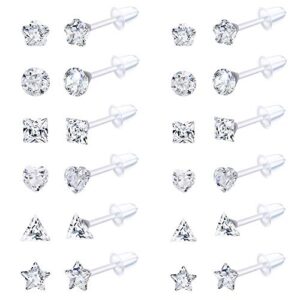 jstyle 12pairs clear plastic stud earrings for women acrylic post star heart rhinestone ear studs piercing retainers