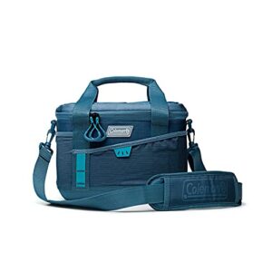 coleman ocean blue 18-liter soft cooler with 4-way stretch mesh pockets, padded handles, and durable protective base