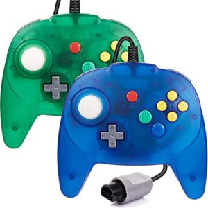 miadore 2 pack classic n64 controller, wired n64 retro 64-bit mini gamepad remote with upgraded japan joystick for ultra n64 console video game system ( blue/green )