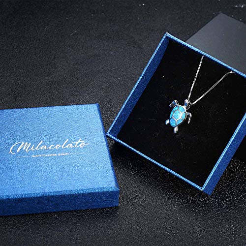 MILACOLATO Sea Turtle Pendant Necklace 18K White Gold Plated Sterling Silver Box Chain with Created-Opal Sea Turtle Charms Pendant Cute Animal Jewelry Birthday Gifts for Women Girls Mom Daughter