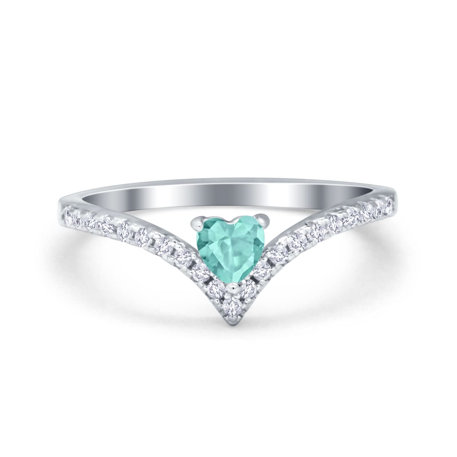 Blue Apple Co. Simulated Paraiba Tourmaline CZ Size-9 Chevron Midi V Ring Band Heart Simulated Stone Round Simulated Cubic Zirconia 925 Sterling Silver