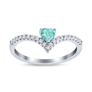 Blue Apple Co. Simulated Paraiba Tourmaline CZ Size-9 Chevron Midi V Ring Band Heart Simulated Stone Round Simulated Cubic Zirconia 925 Sterling Silver