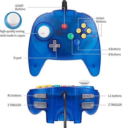 miadore 2 Pack Classic N64 Controller, Wired N64 Retro 64-bit Mini Gamepad Remote with Upgraded Japan Joystick for Ultra N64 Console Video Game System ( Blue/Green )