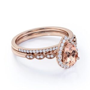 PB Collection Pear Shaped Morganite Engagement Ring Half eatrnity Wedding Band Bridal Ring Set for Women