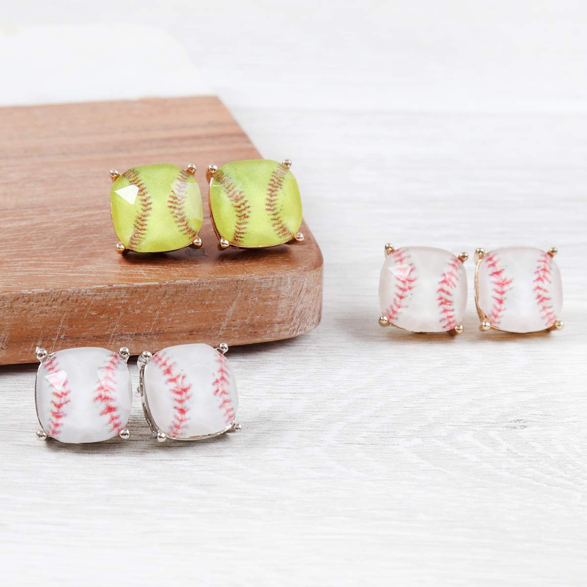 Sports Team Fan Faceted Jewel Stud Earrings - Cushion Cut Square, Basketball, Softball, Soccer, Tennis, Baseball, Golf (Baseball - White/Gold)