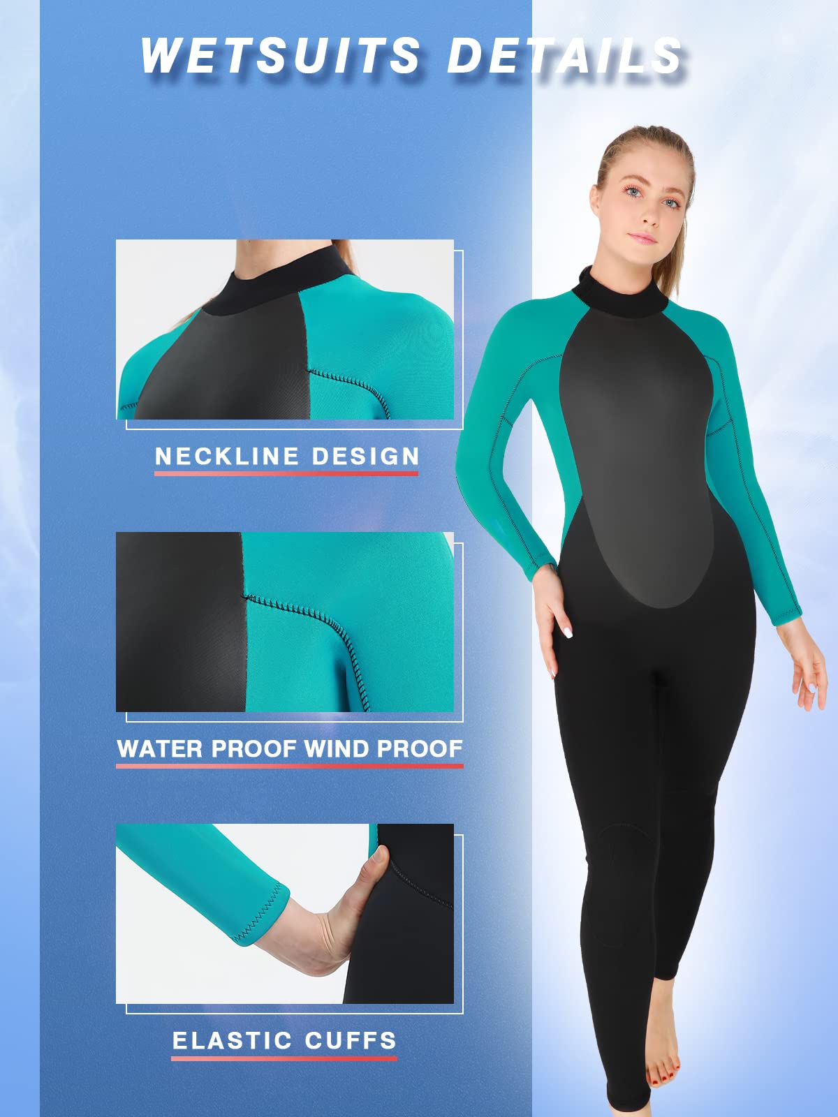 REALON Wetsuit Womens 4/3mm Mens Neoprene Full Body Thermal Scuba Diving Suits, 4mm One Piece Wet Suit Cold Water Swimsuits for Surfing Snorkeling(3/4mm Blue, Large)