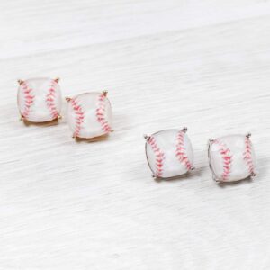 Sports Team Fan Faceted Jewel Stud Earrings - Cushion Cut Square, Basketball, Softball, Soccer, Tennis, Baseball, Golf (Baseball - White/Gold)