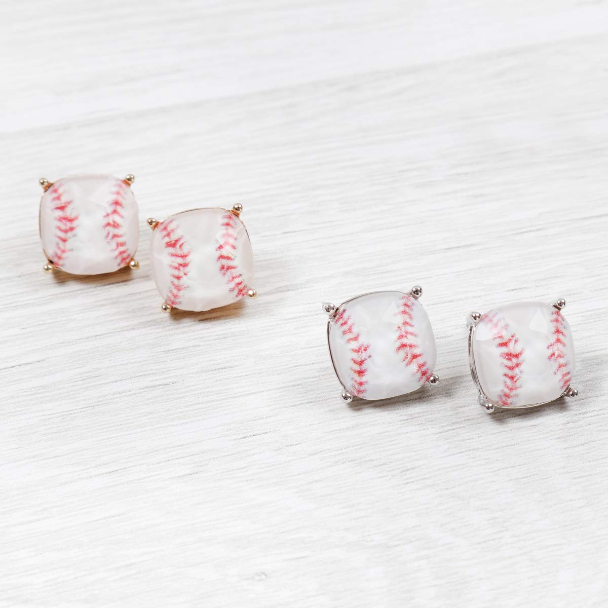 Sports Team Fan Faceted Jewel Stud Earrings - Cushion Cut Square, Basketball, Softball, Soccer, Tennis, Baseball, Golf (Baseball - White/Gold)