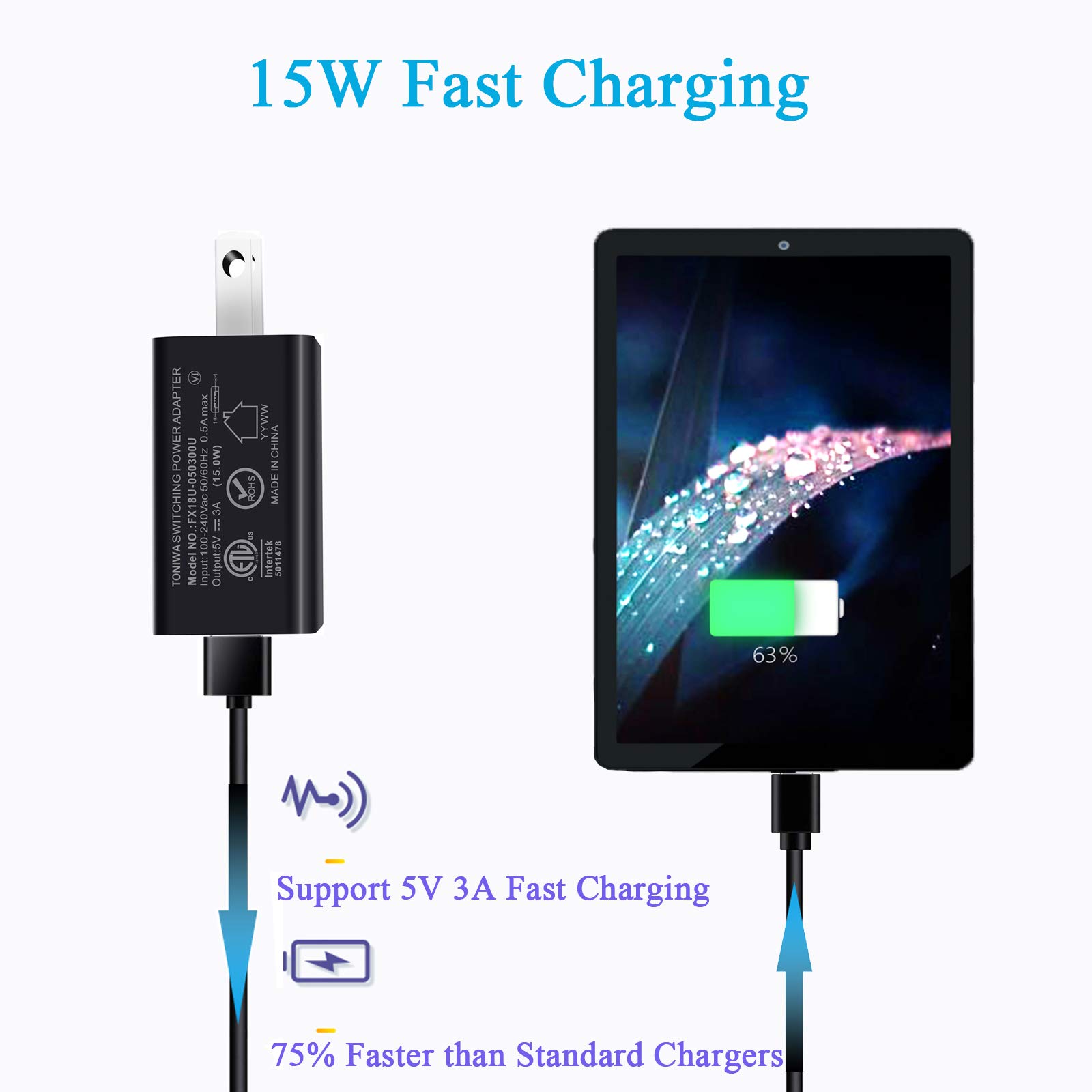 15W Fast Charger with 10Ft Extra Long 5A USB C Cable for Charging New Fire HD 10,10Plus-9th 11th Gen 2019 2021,Fire Max 11-13th Gen 2023, Fire HD 7 8-10th 12th Gen 2020 2022,Kids Edition,Kids Pro