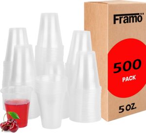 5 oz clear plastic cups by framo, for any occasion, disposable transparent ice tea, juice, soda, and coffee glasses for party, picnic, bbq, travel, and events (500 ct)