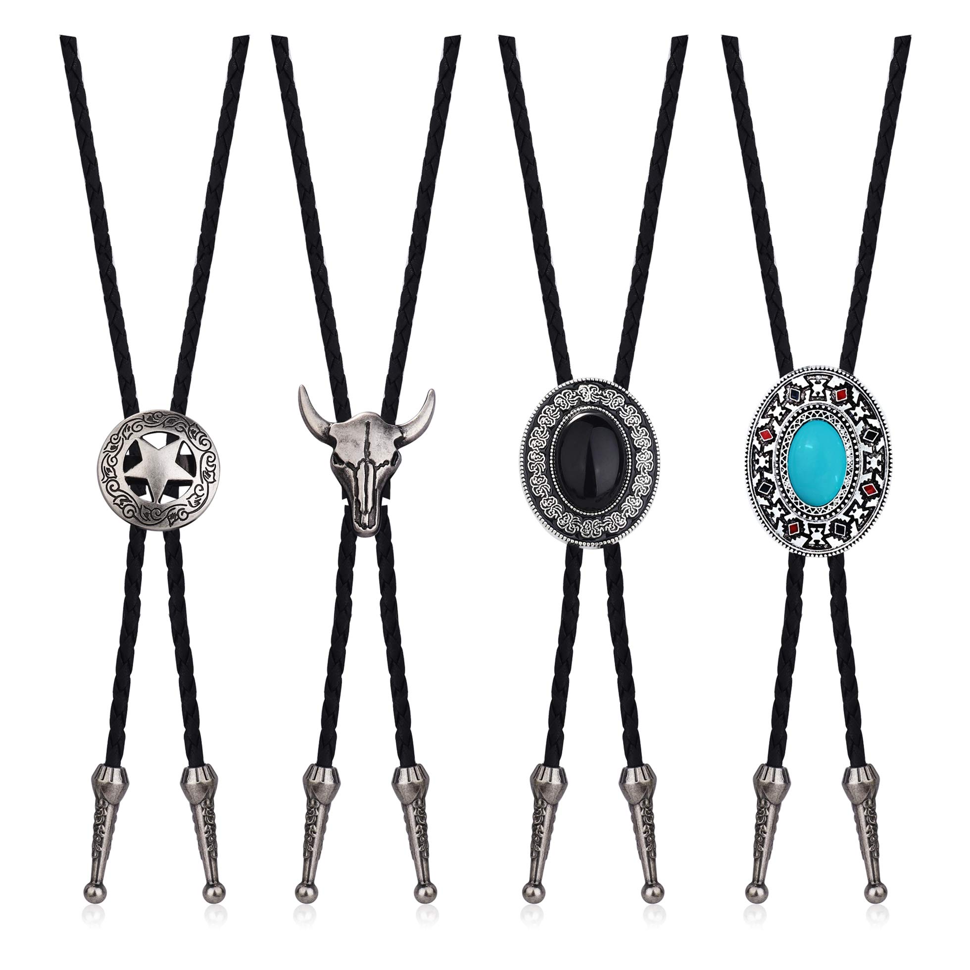 YADOCA 4Pcs Bolo Tie for Men Western Cowboy Leather Necktie Handmade Round Shape Bolo Tie Natural Star Halloween Costume Accessories for Men Women