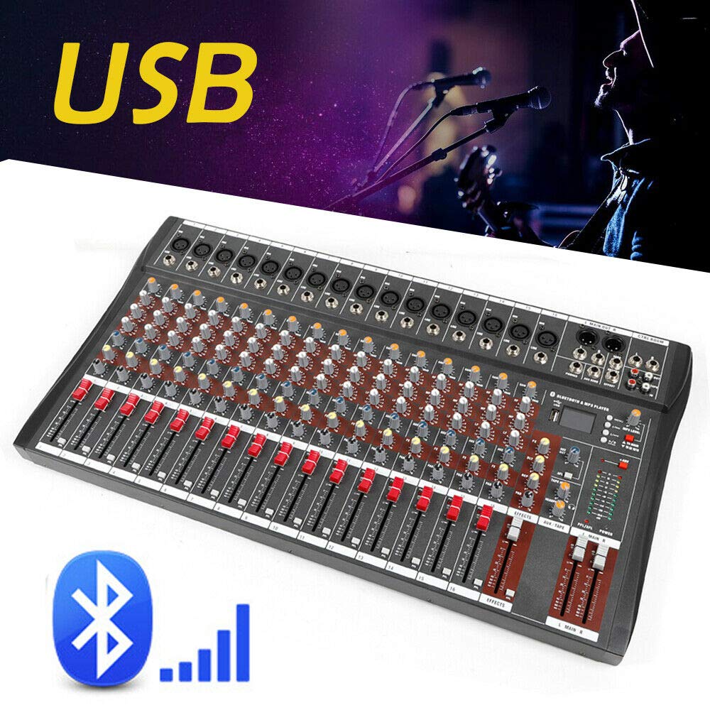 Bluetooth Studio Audio Mixer Sound Mixing Console Desk System Interface w/USB Drive for PC Recording Input AC 110V for Professional and Beginners Recording Function (16 Channel)