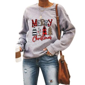 vintage merry christmas leopard plaid xmas tree sweatshirt for women cute plaid xmas tree graphic causal pullover top (light gray 7, xl)