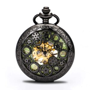 boshiya mechanical pocket watch luminous steampunk vintage pocket watch/with chains/hand wind up/black skeleton/dial roman numberals