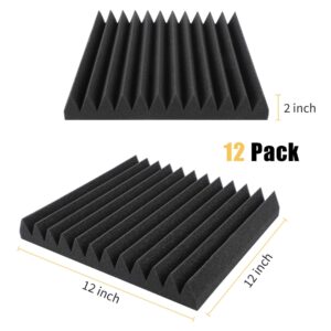 12 Pack Acoustic Panels Sound Proof Foam Panels 12 x 12 x 2 Inches Black Fireproof Soundproof Acoustic Panels for Walls Absorbing Noise Cancelling Panels for Recording Studios, Home, Offices Walls Cei