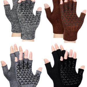 4 Pairs Unisex Winter Half Finger Knit Gloves Stretchy Non-Slip Winter Warm Knitted Fingerless Gloves (Black, Dark Gray, Gray, Brown)