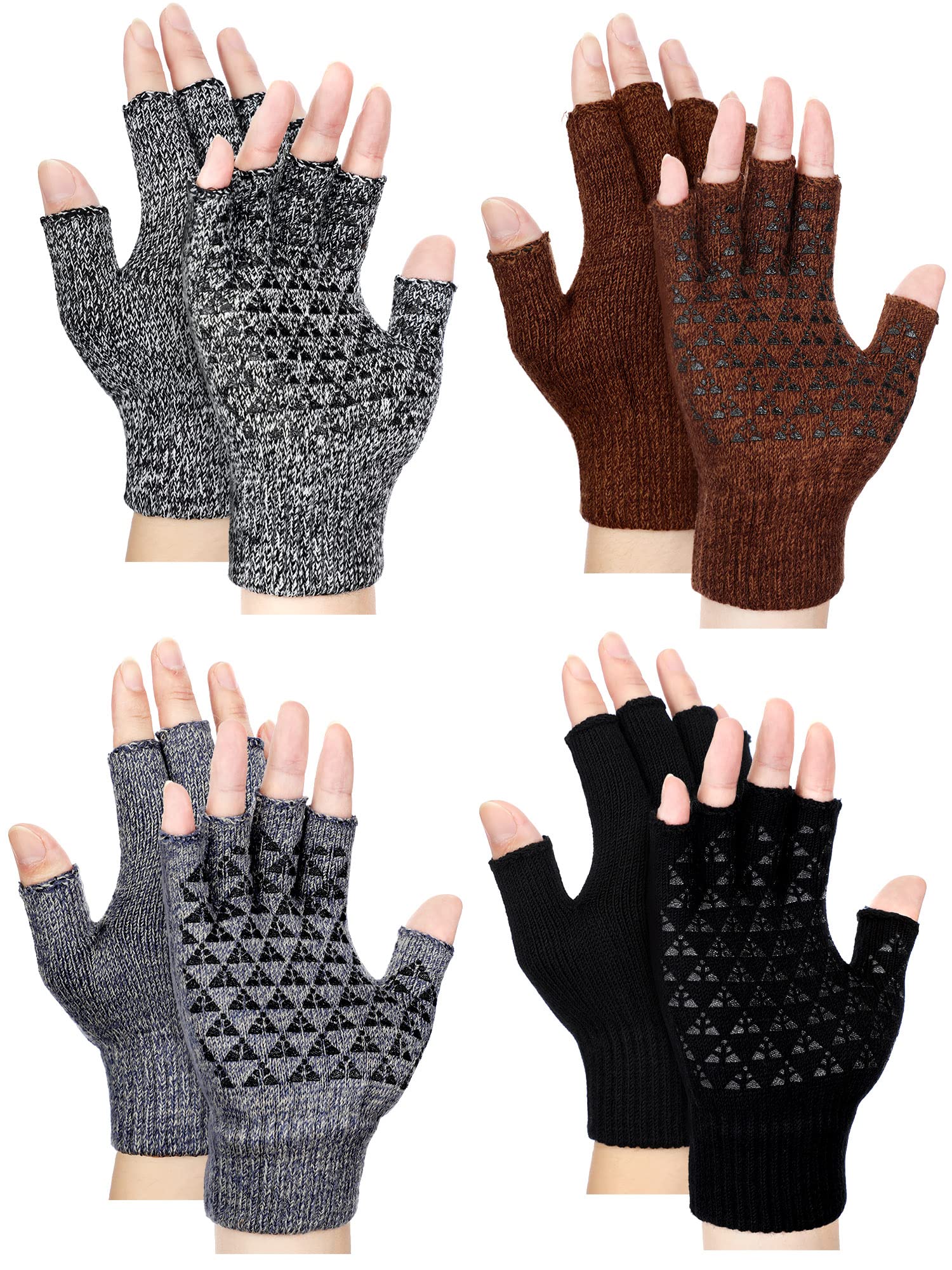 4 Pairs Unisex Winter Half Finger Knit Gloves Stretchy Non-Slip Winter Warm Knitted Fingerless Gloves (Black, Dark Gray, Gray, Brown)