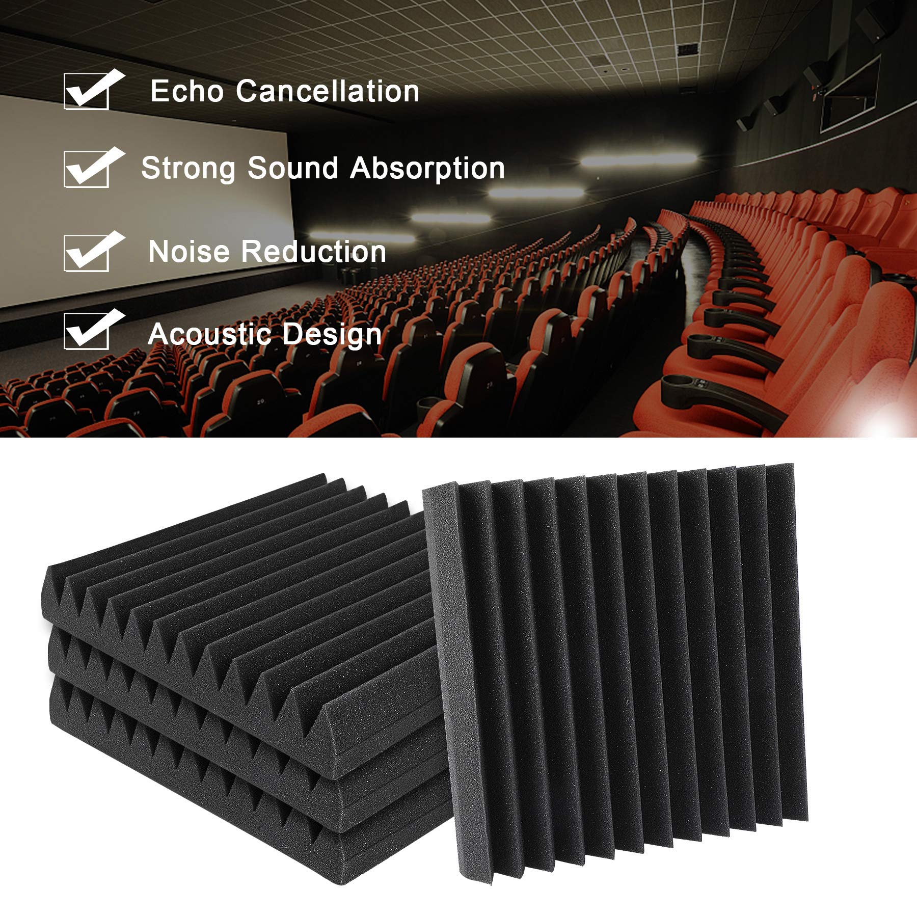 12 Pack Acoustic Panels Sound Proof Foam Panels 12 x 12 x 2 Inches Black Fireproof Soundproof Acoustic Panels for Walls Absorbing Noise Cancelling Panels for Recording Studios, Home, Offices Walls Cei